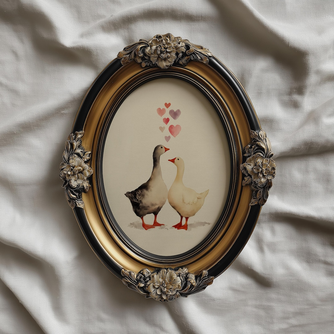 Vintage Valentine Goose Couple Print, Watercolor Heart Wall Art, Rustic ...