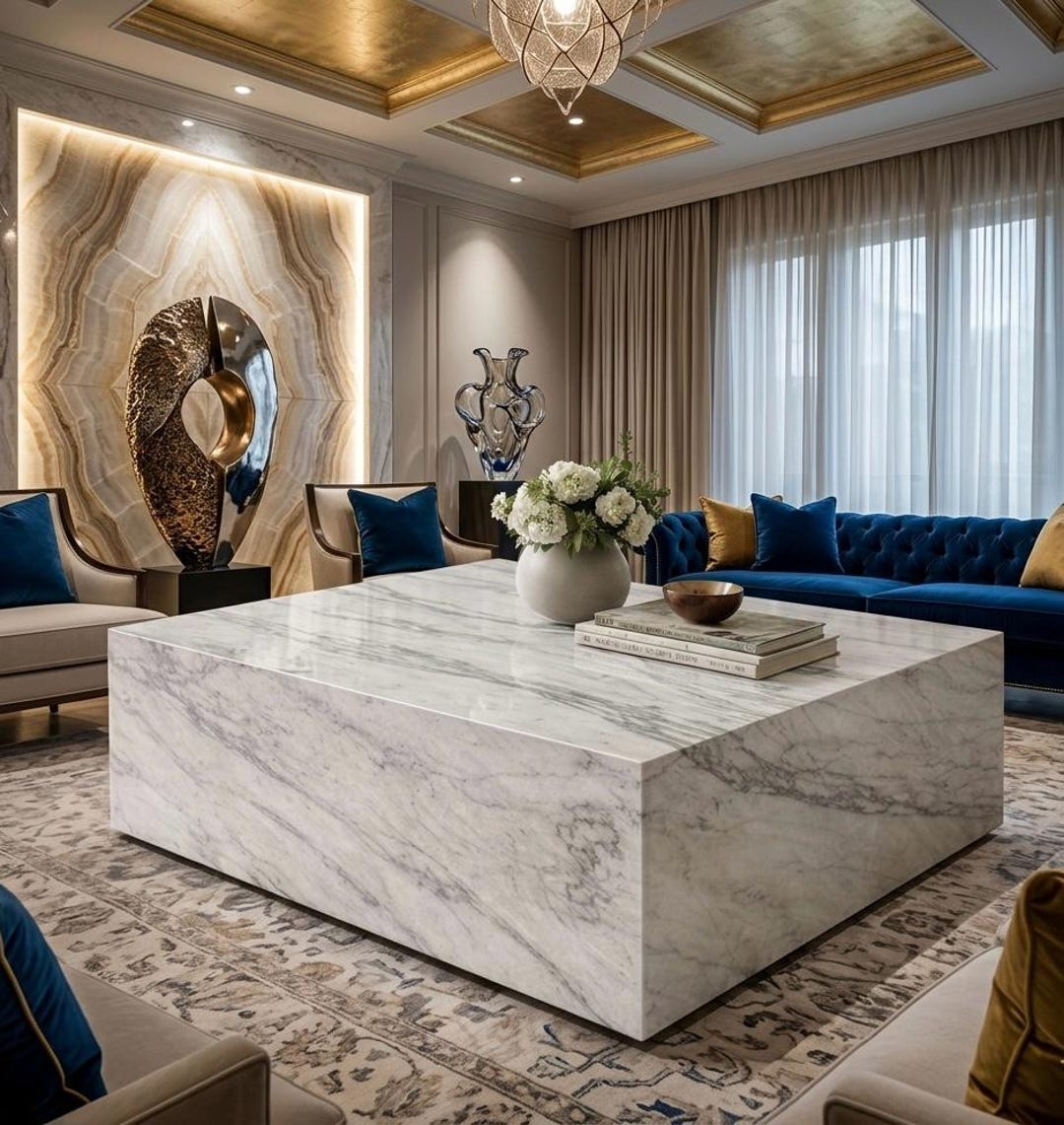 Luxury White Marble Block Coffee Table, Modern Minimalist Stone ...