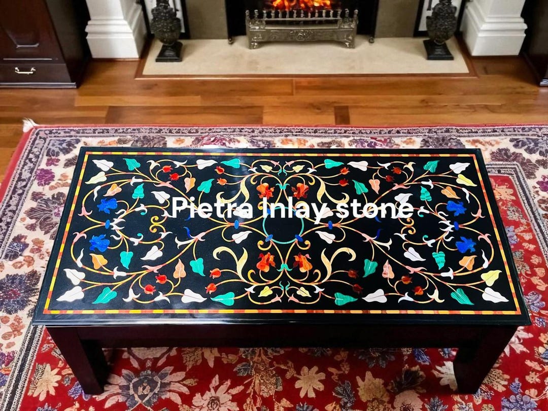 Handmade Black Marble Coffee Table: Pietra Dura Inlay, Luxury Accent ...