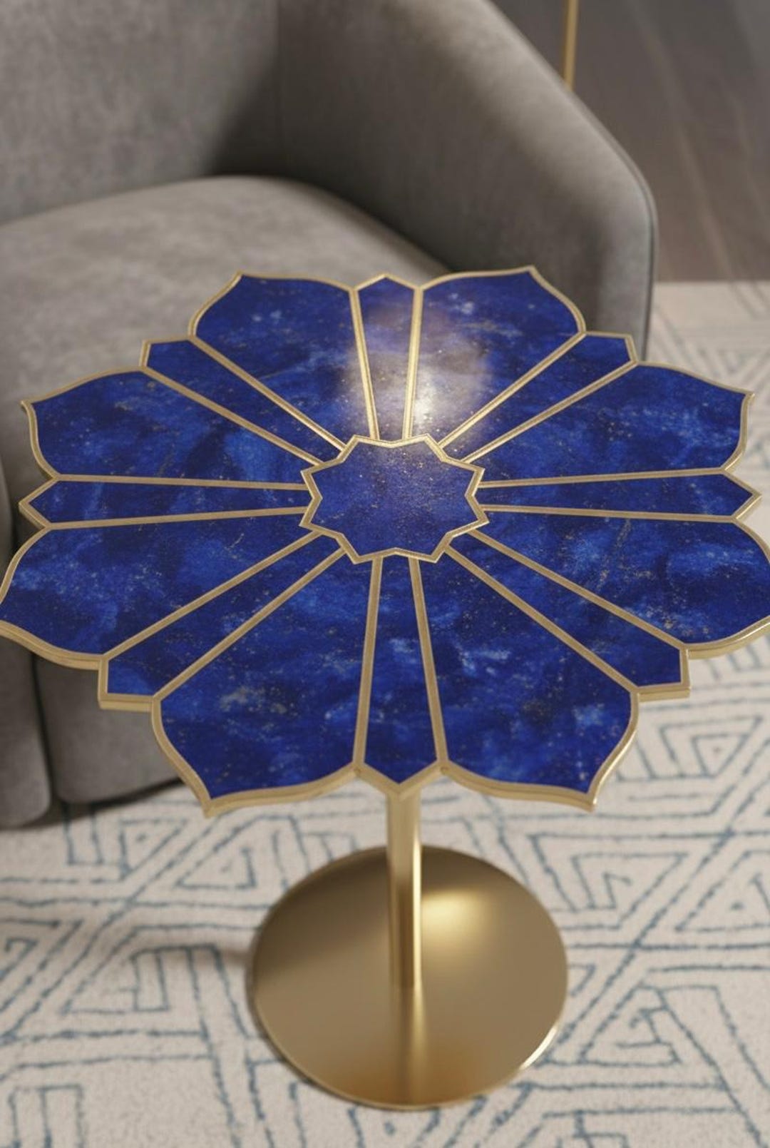 Lapis Lazuli Side Table, Brass Lotus Inlay, 18x18x20 Inch - Etsy