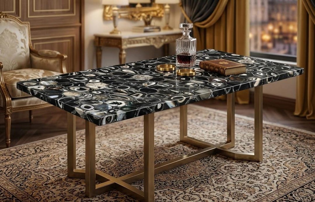 Handmade Black Agate Geode Dining Table Set – Luxury Stone & Wood - Etsy