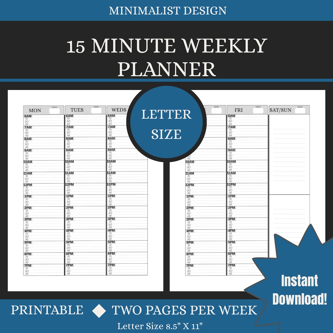 15 Minute Weekly Planner, Undated Daily Planner, Printable, Digital ...