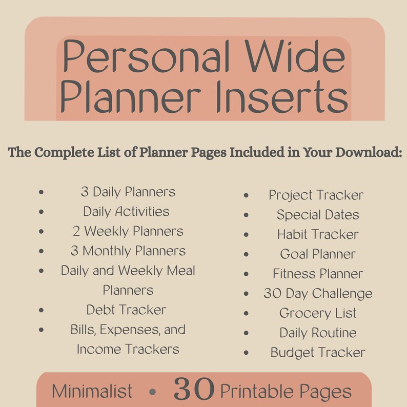 Personal Wide Size Planner Inserts, Daily Planner, Weekly, Monthly ...