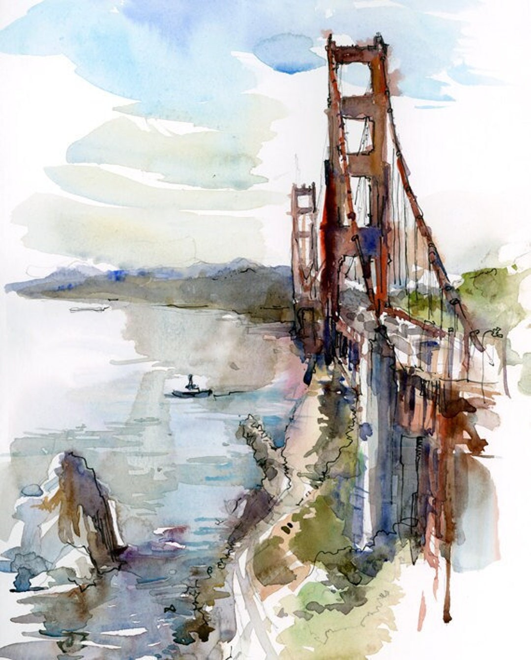 San Francisco Golden Gate Bridge, California : Print of a Watercolor ...