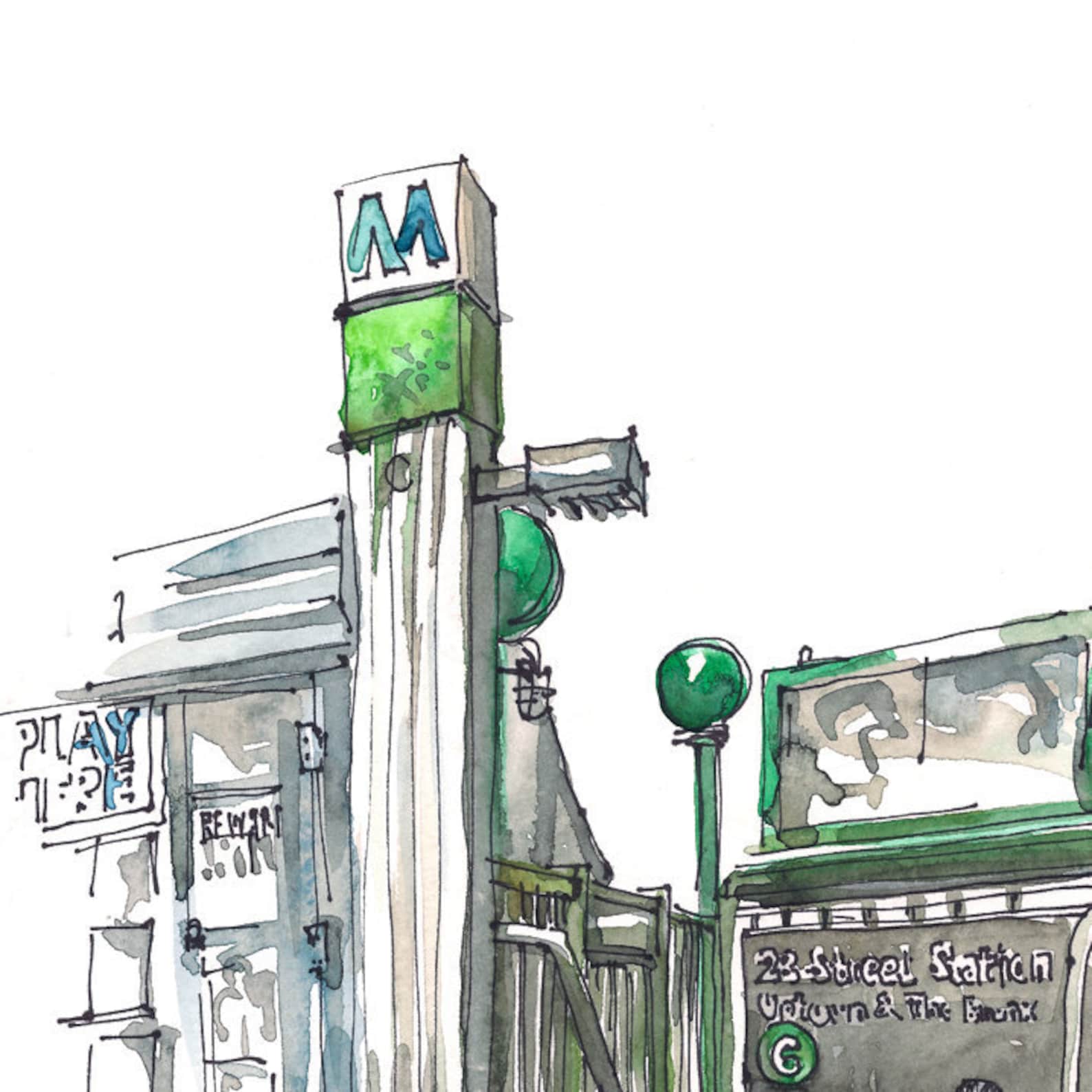 New York Sketch Subway Sign Print From an Original Watercolor Pen and ...