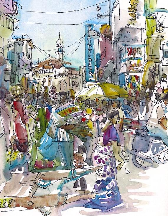 Crowded Street Drawing
