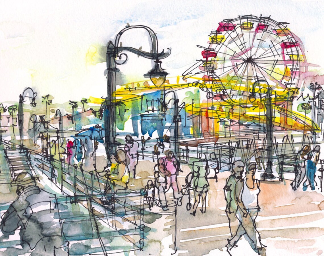 Santa Monica Pier California Watercolor Sketch in Primary - Etsy