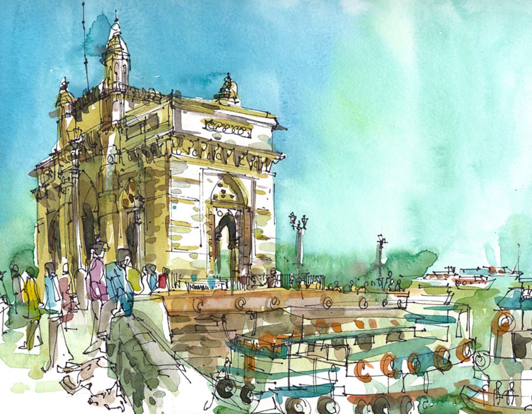 Mumbai Sketch, Gateway of India, Bombay India Print From an Original ...
