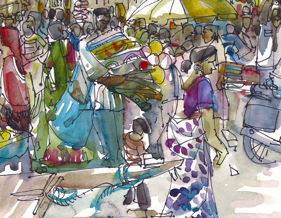Crowded Street Drawing