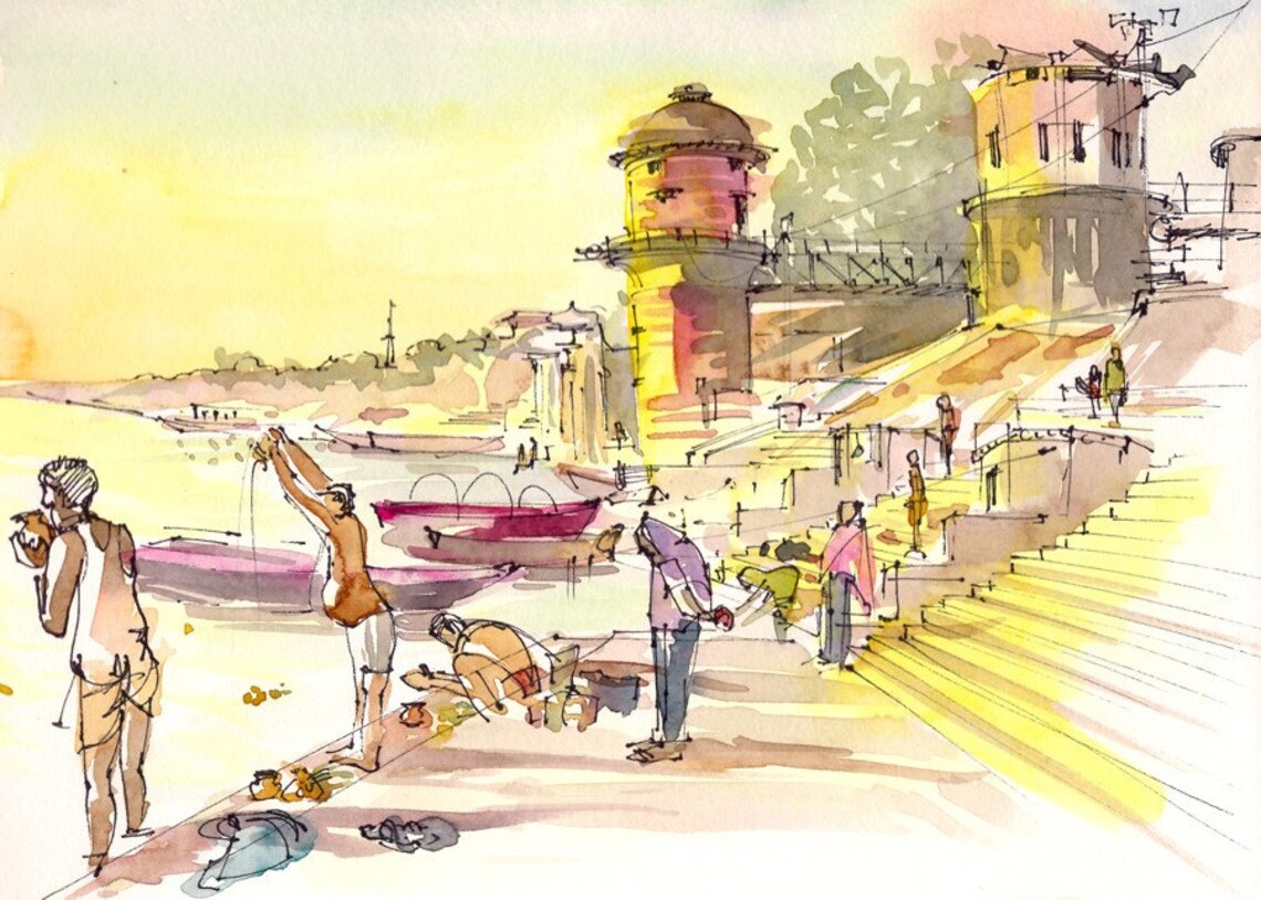 India Sketch Varanasi Morning Light on the River Watercolor - Etsy