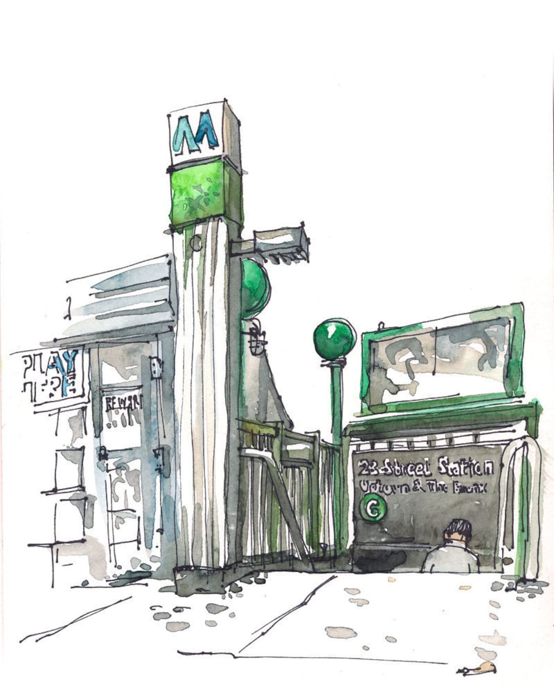 New York Sketch Subway Sign - Print From an Original Watercolor Pen and ...