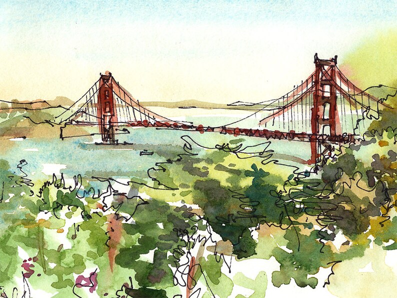 San Francisco Golden Gate Bridge California Watercolor Sketch - Etsy