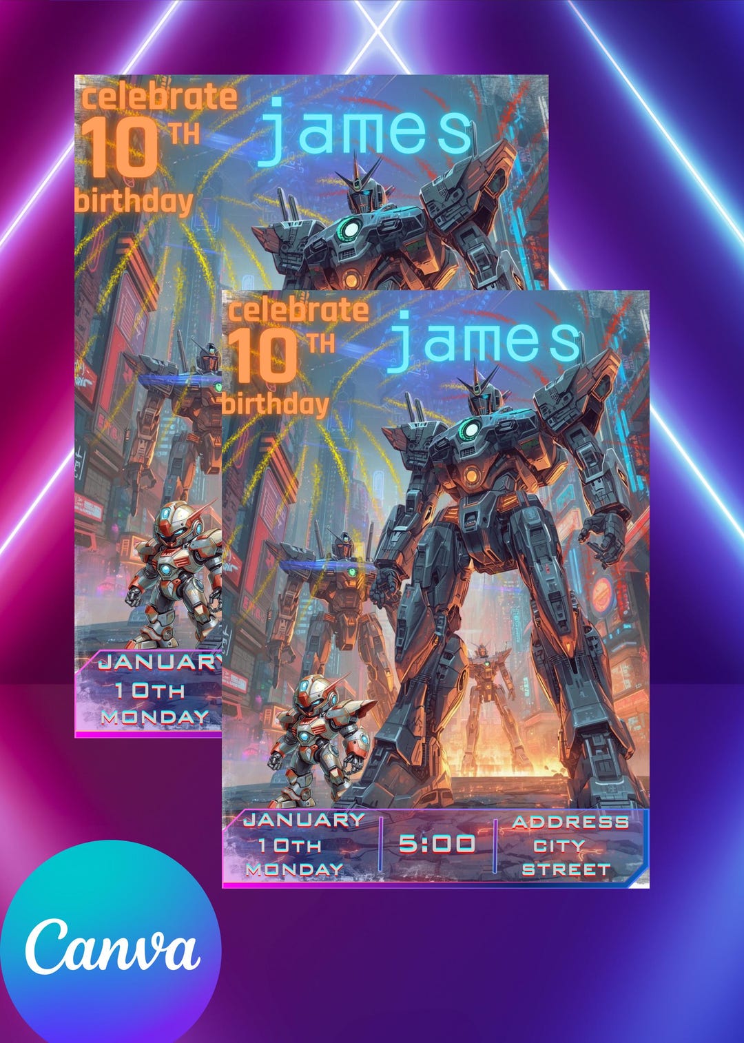 Robot Themed Birthday Invitation | Editable Canva Template | Mech Theme ...