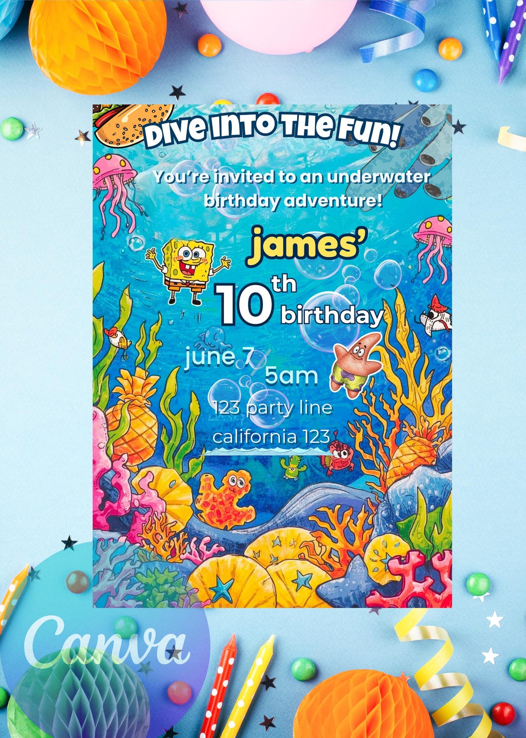 Spongebob Themed Birthday Invitation | Editable Canva Template (digital ...