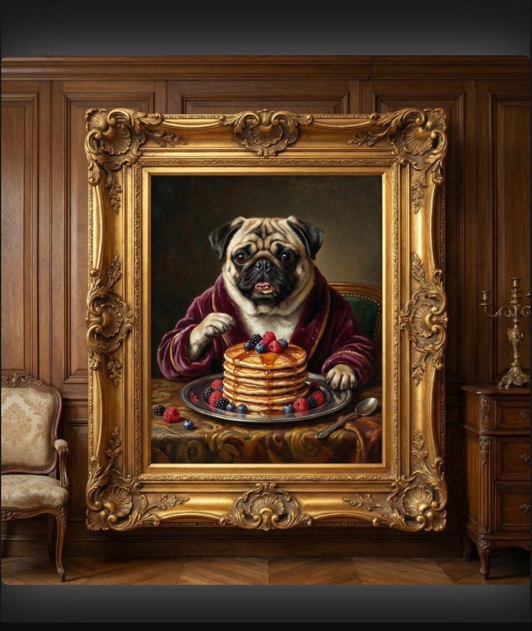 A Luxury Frame of a Pug With His Pancakes (digital Artwork) - Etsy