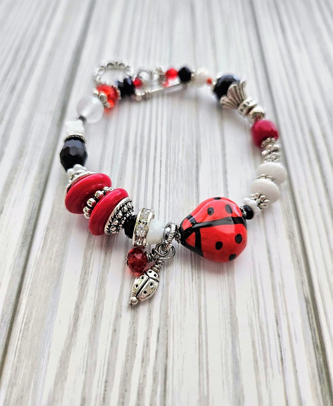 Memory Wire Bracelet, Ladybug Jewelry, Black Red White Bracelets ...