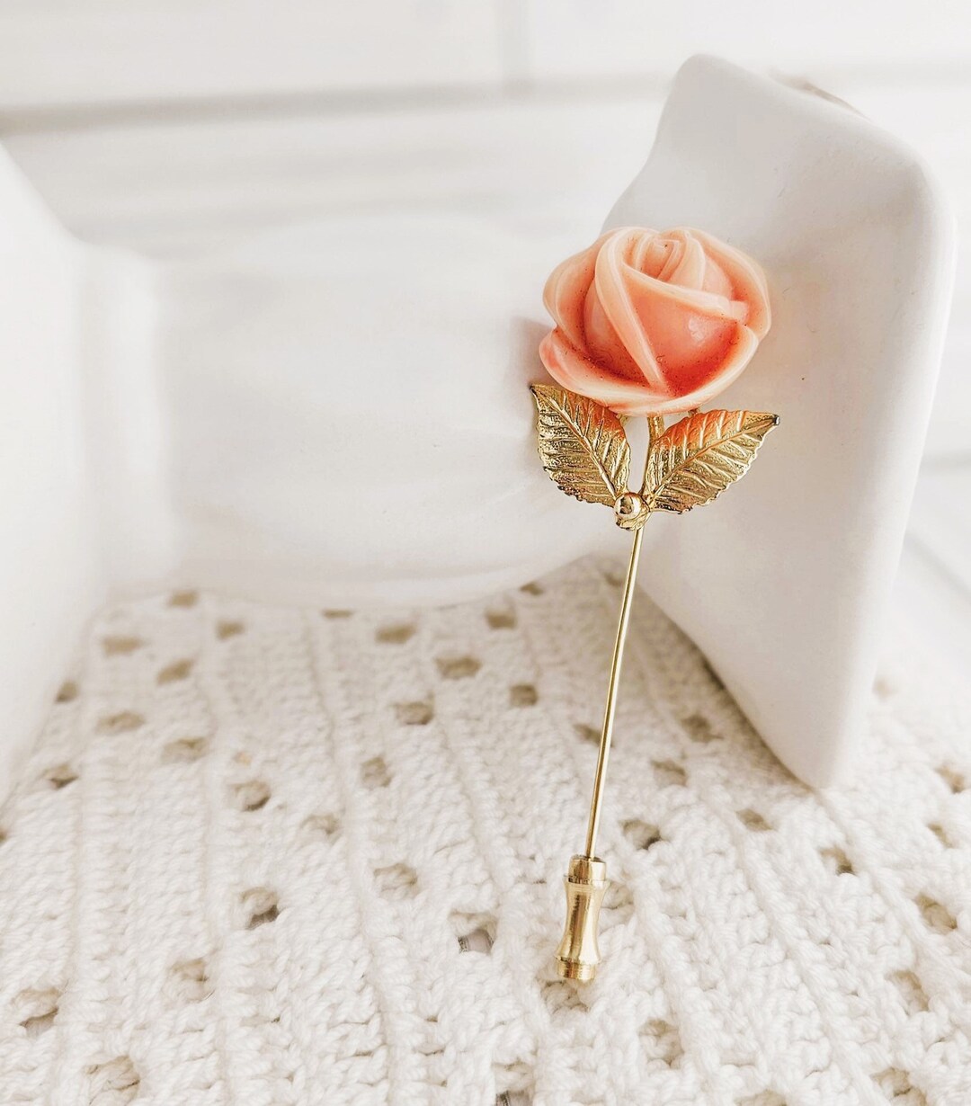 Stick Pin, Goldtone Single Rose Stem Leaves, Coral Peach Jewelry, Vtg ...