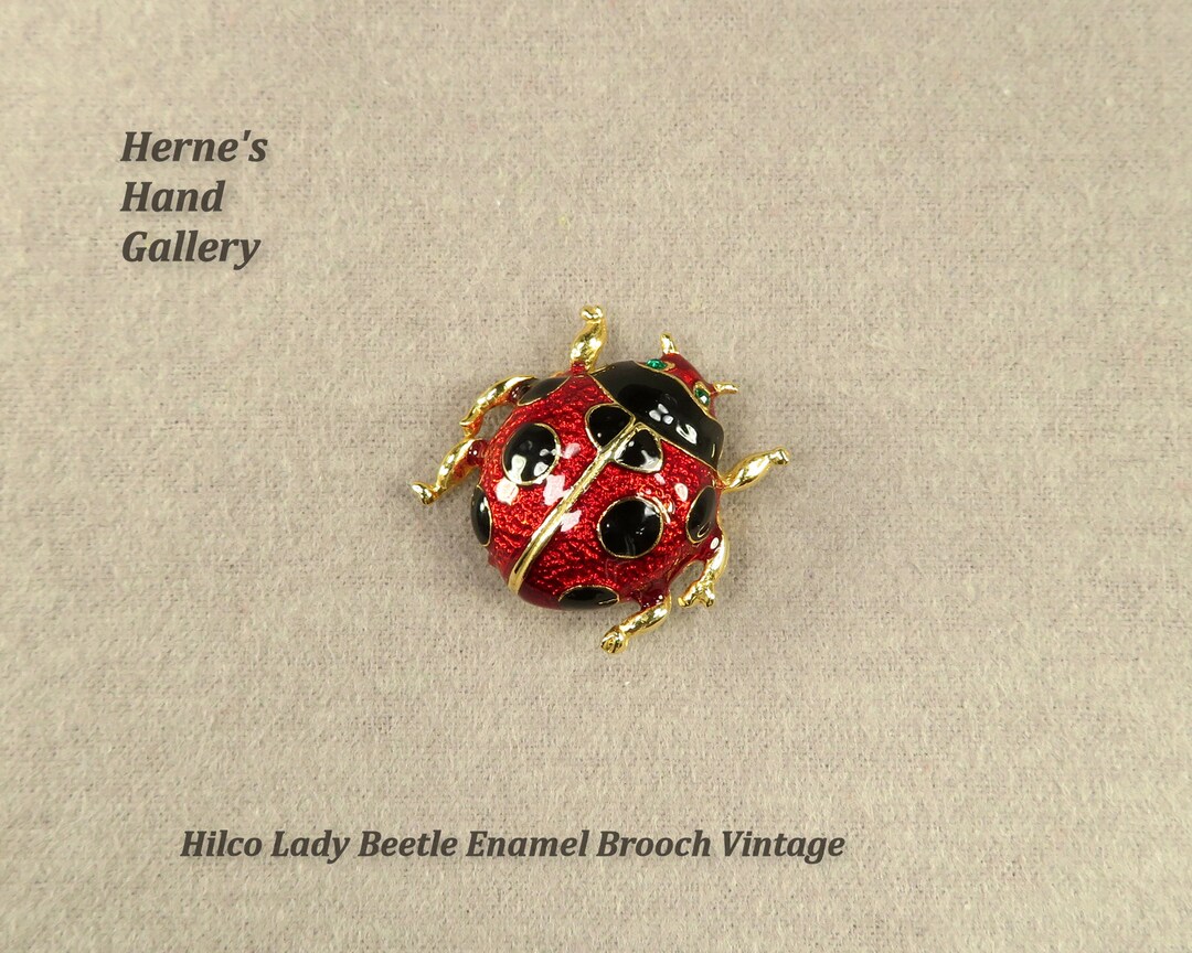 Hilco Lady Bug Red Black Enamel Brooch Green Rhinestone Eyes Pin Pendant Gold Tone Beetle ...