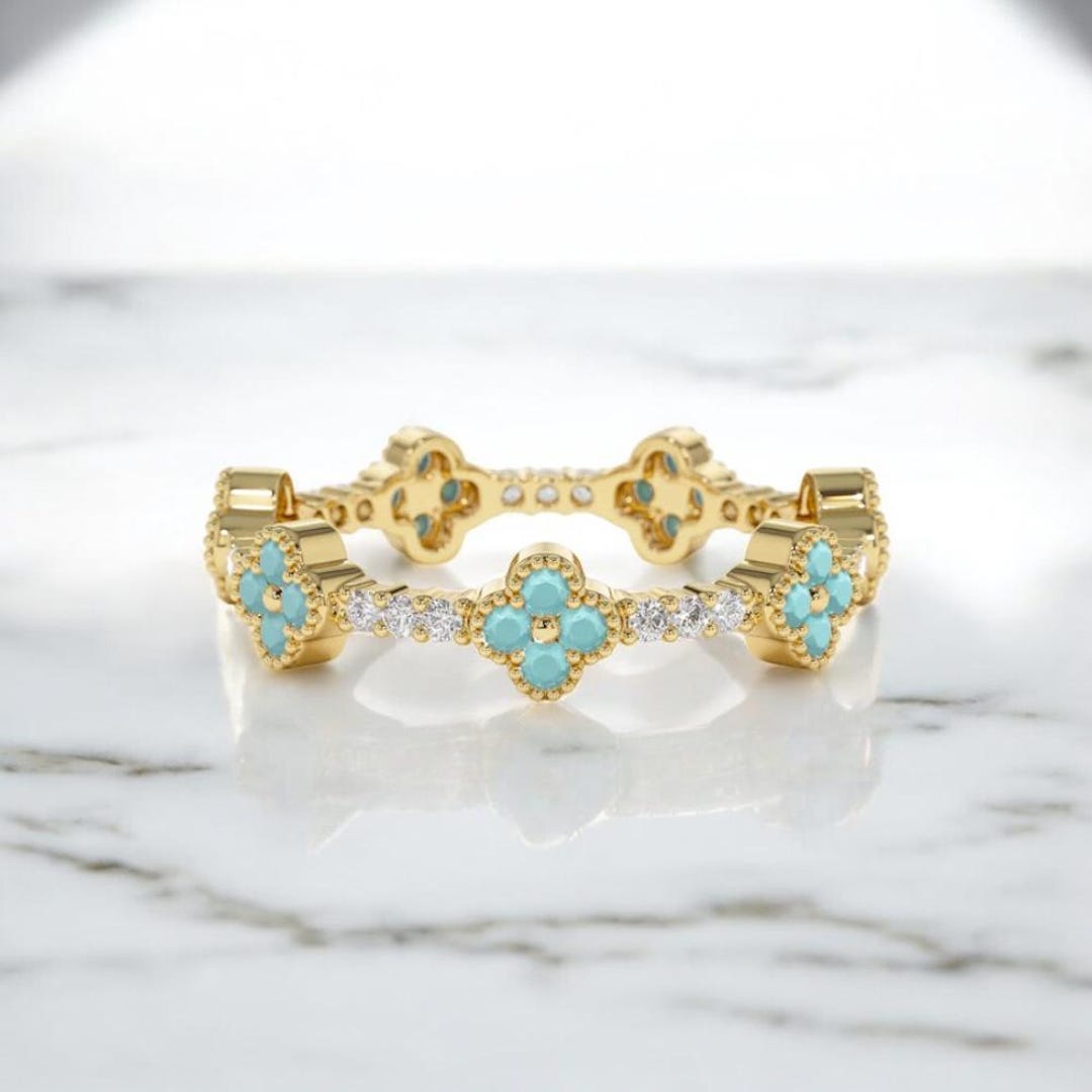 Turquoise Clover Ring in Gold With Dainty Stacking Band and Diamond ...