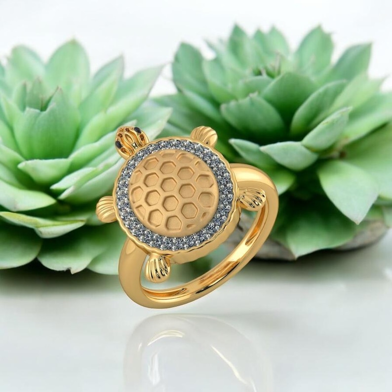 14K Solid Gold Turtle Ring • Sea Turtle Animal Spirit Ring With Green ...