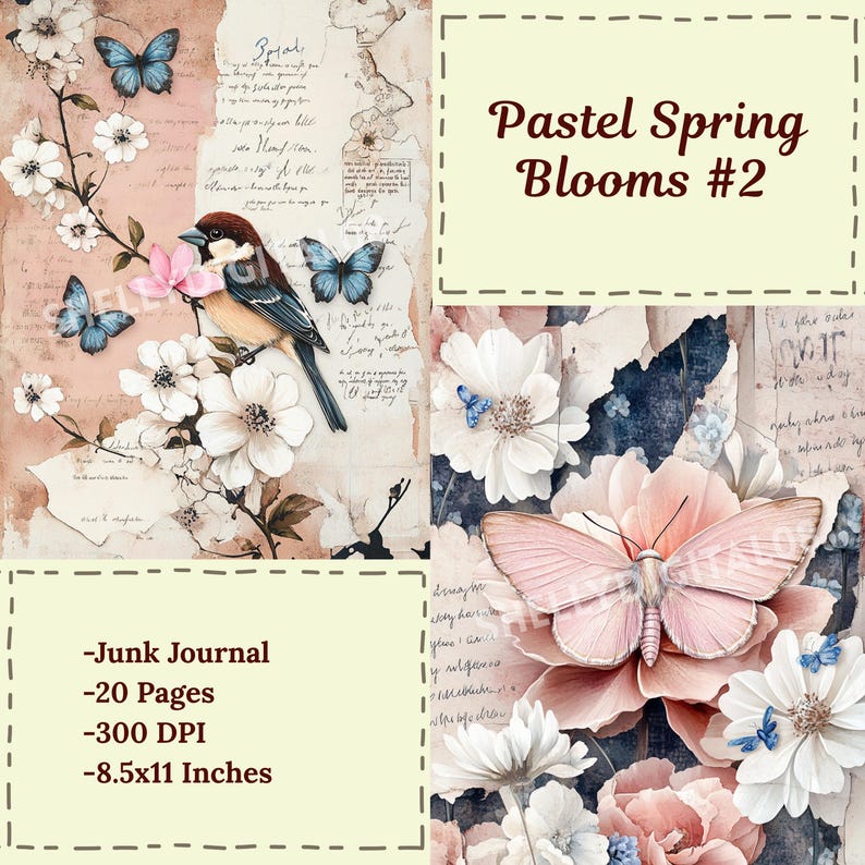 Pastel Spring Blooms Junk Journal Kit Vintage Printable Pink Flowers ...