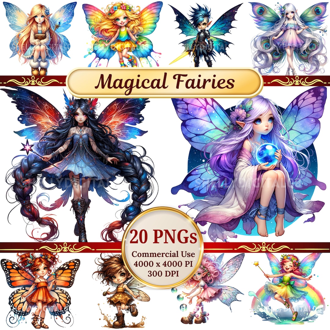 Magical Fairy Clipart PNG Bundle Cute Fantasy Fairies Illustration ...