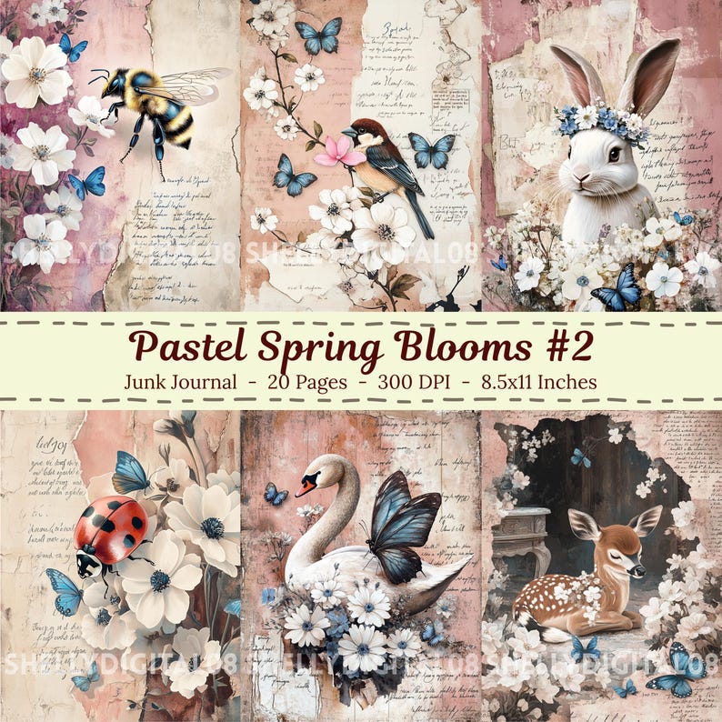 Pastel Spring Blooms Junk Journal Kit Vintage Printable Pink Flowers ...
