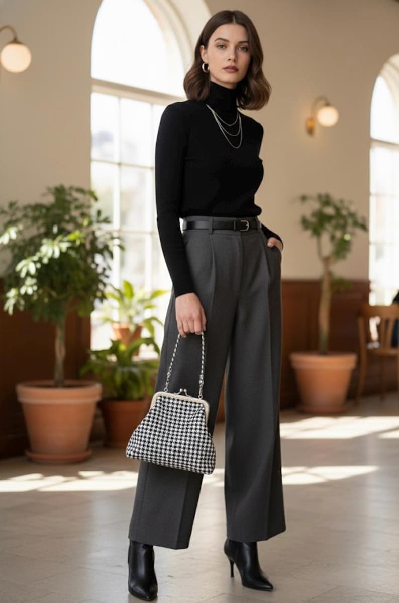 Maroon Houndstooth Frame Clutch, Parisian Chic Tweed Evening Bag With ...