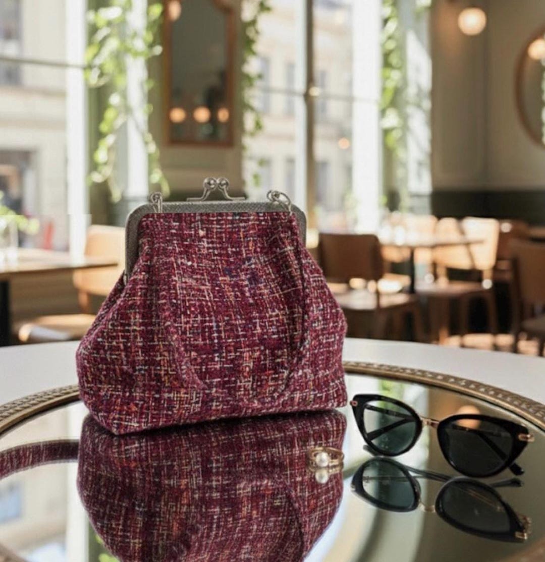 Maroon Houndstooth Frame Clutch, Parisian Chic Tweed Evening Bag With ...