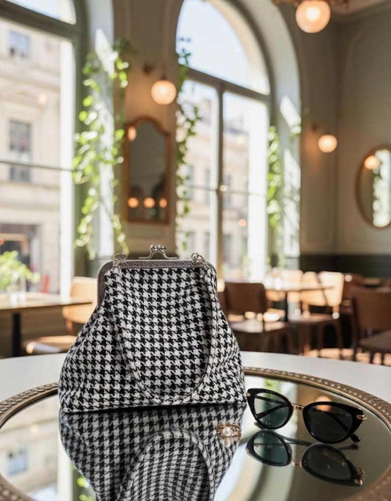 Retro Houndstooth Frame Clutch, Parisian Chic Tweed Evening Bag With ...