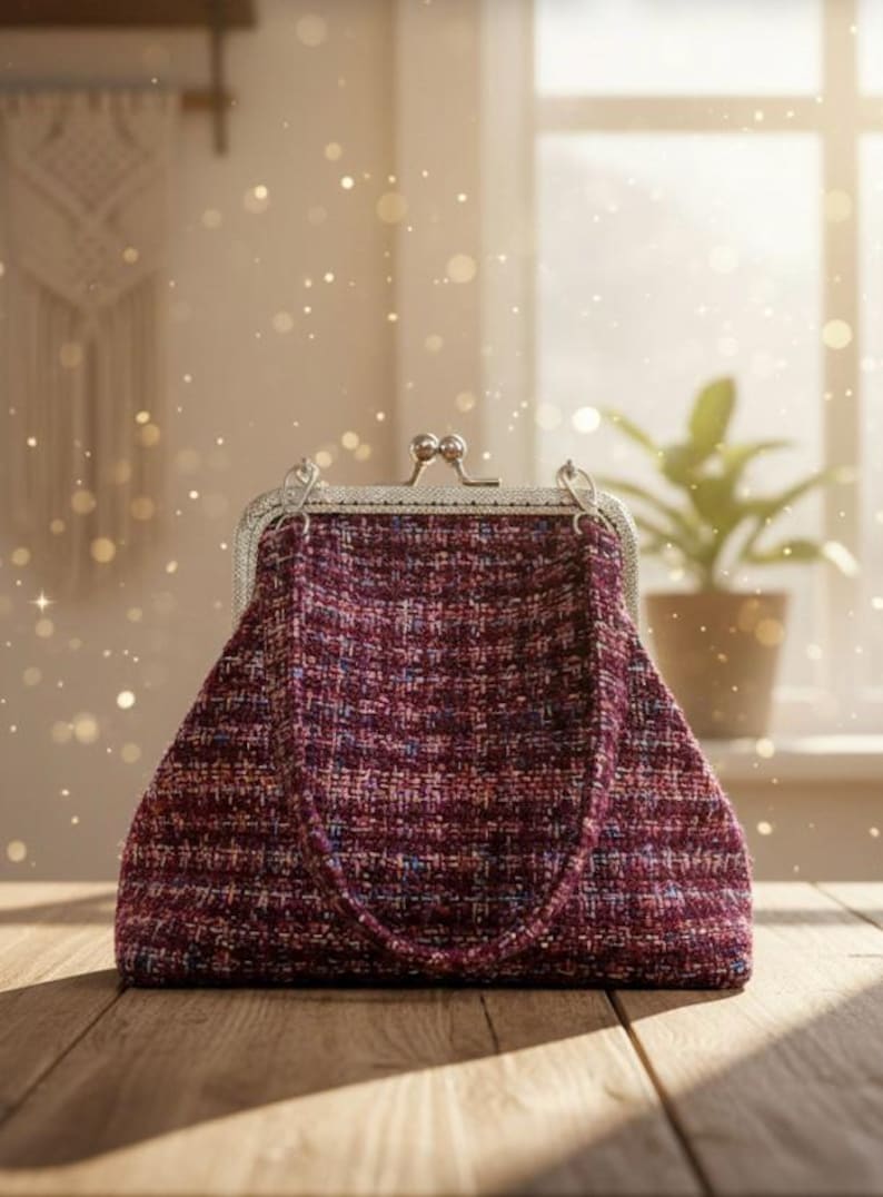 Maroon Houndstooth Frame Clutch, Parisian Chic Tweed Evening Bag With ...