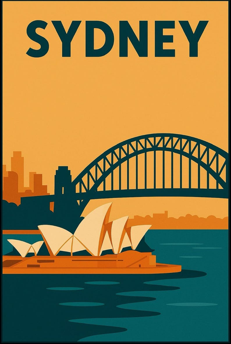 Retro Sydney Travel Poster: Opera House, Harbour Bridge (digital ...