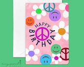 Y2K Happy Birthday Card Smiley Face Peace Sign Floral Card single ...