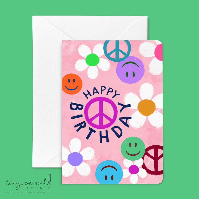 Y2K Happy Birthday Card Smiley Face Peace Sign Floral Card - Etsy