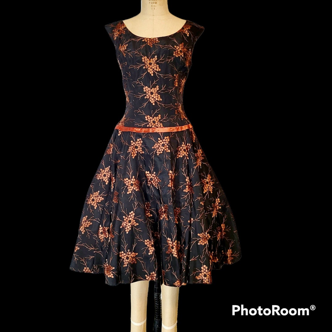 Vintage Early 1950s Dress. Pat Hartley Label. Brocade. Gold on Black ...