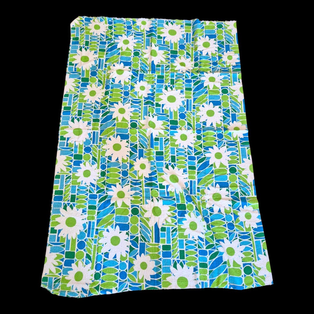 Vintage 1960s Cotton Terry Cloth Fabric. Green Blue White. Flower Power ...