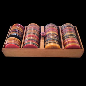 Vintage Bakelite Poker Chips. 91 Chips. Wooden Tray. Marbled. Red ...