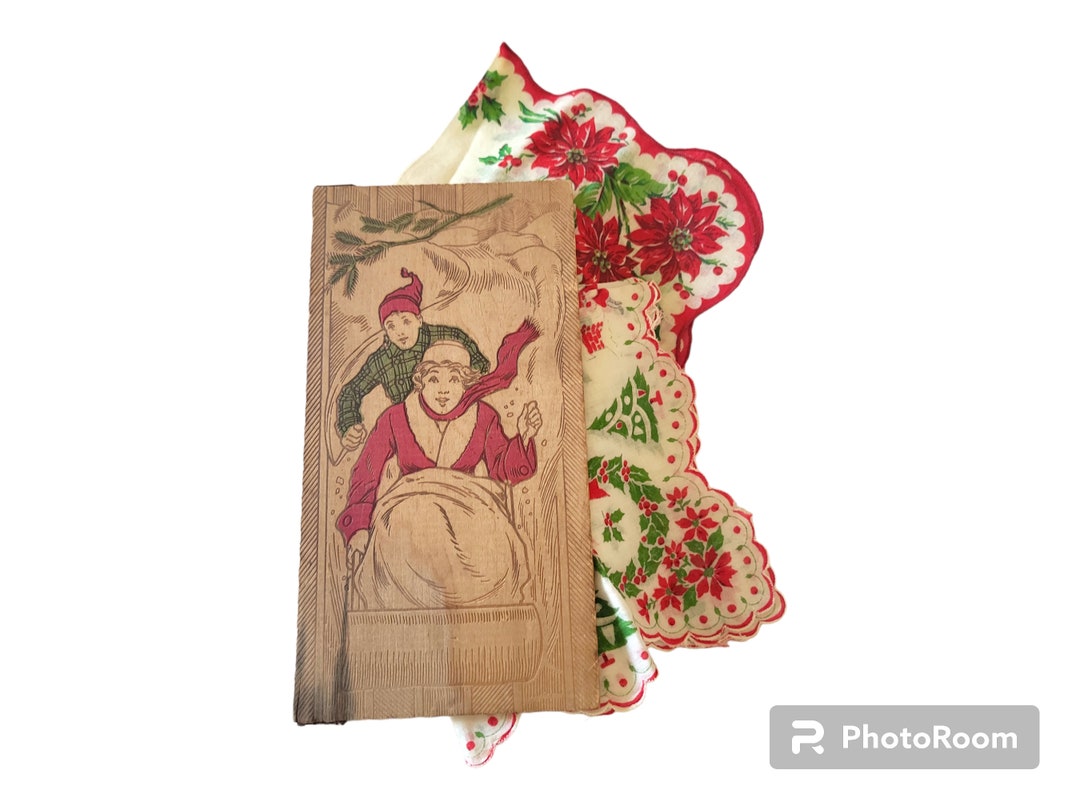 Vintage Pyrography Wood Box: Winter Sledding Scene & Holiday Hankies - Etsy