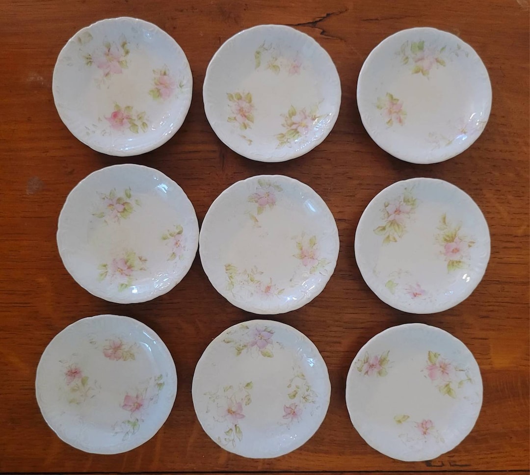 Antique Porcelain Butter Pat Dishes. Set of Nine. Pink Floral. Green on ...