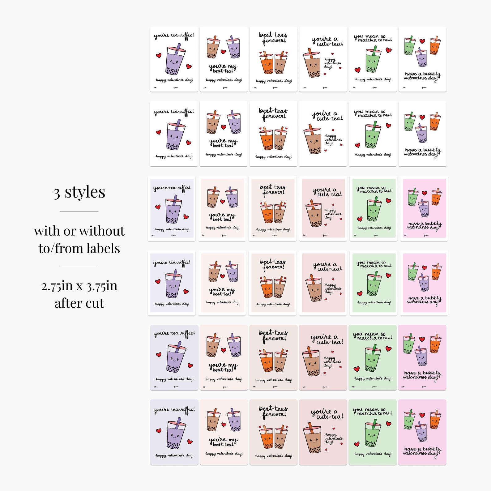 Boba Tea Printable Valentines, Bubble Tea Cards, Class Valentine ...