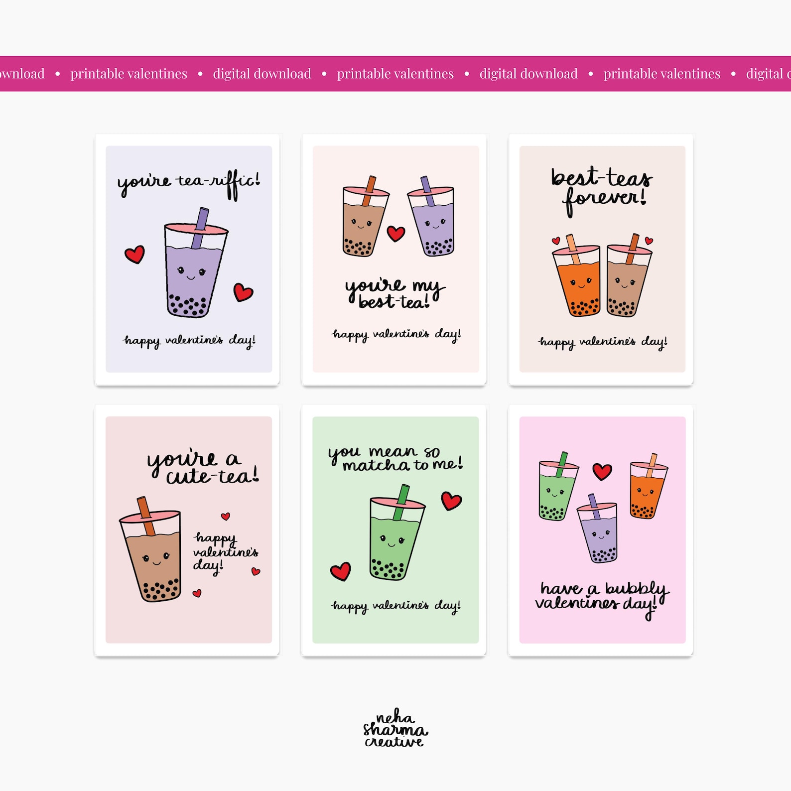 Boba Tea Printable Valentines, Bubble Tea Cards, Class Valentine ...
