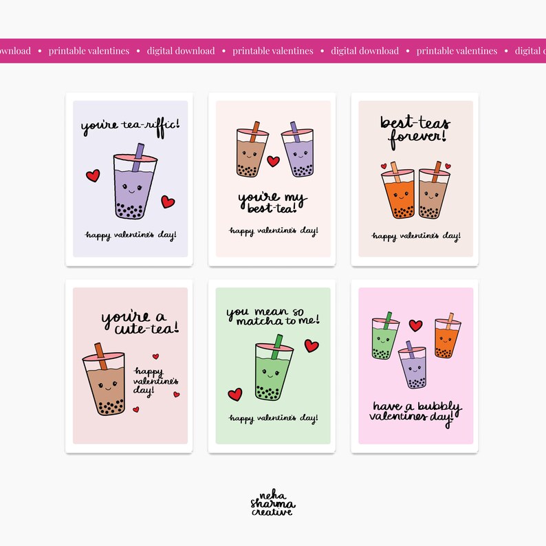Boba Tea Printable Valentines, Bubble Tea Cards, Class Valentine ...