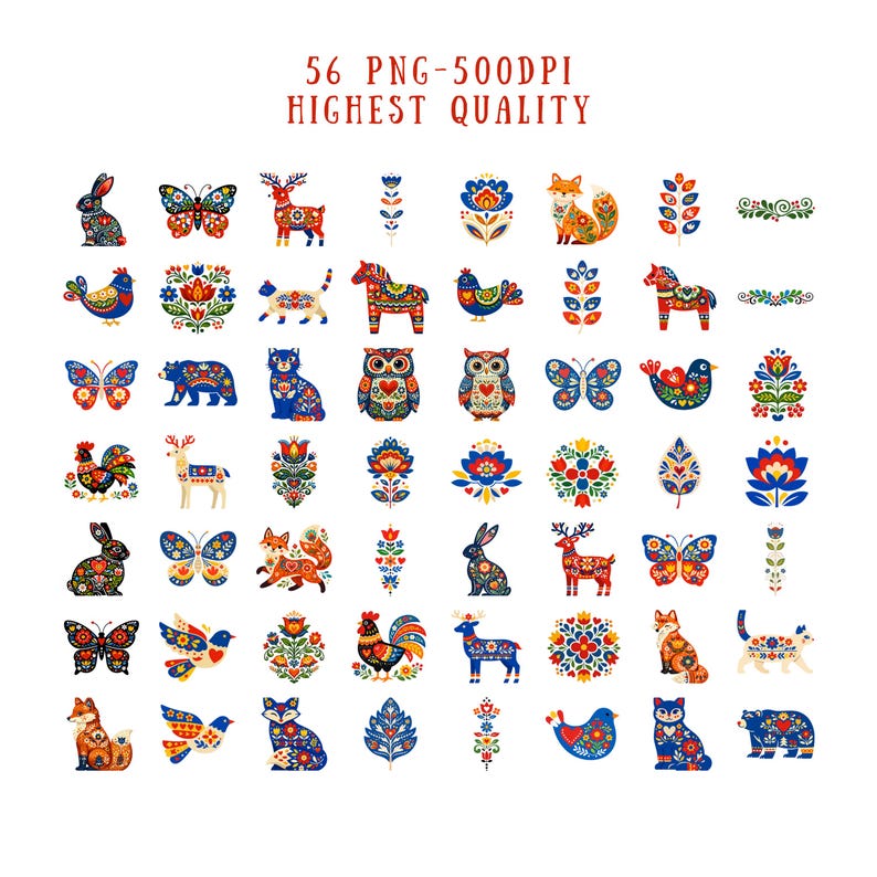 Nordic Folk Art Clipart Bundle, Scandinavian Floral Animals (PNG, PDF ...