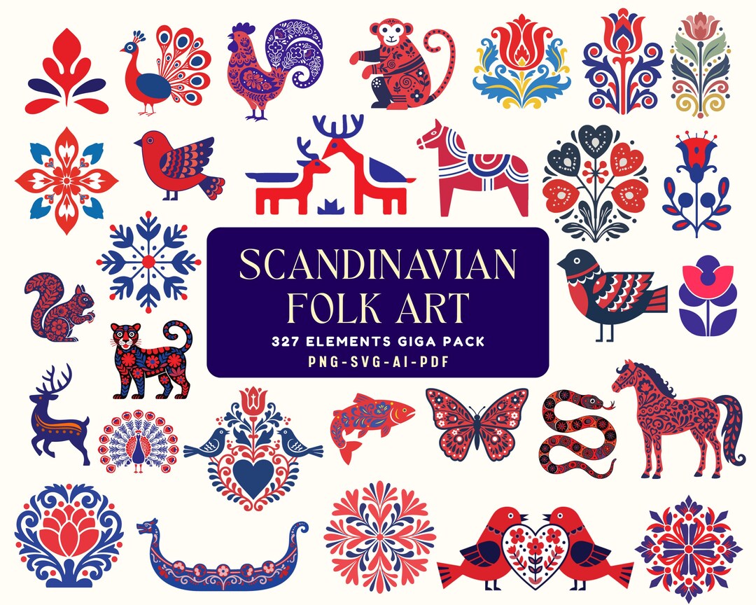 Scandinavian Folk Art SVG Bundle, Nordic Floral Animals (327 Designs ...