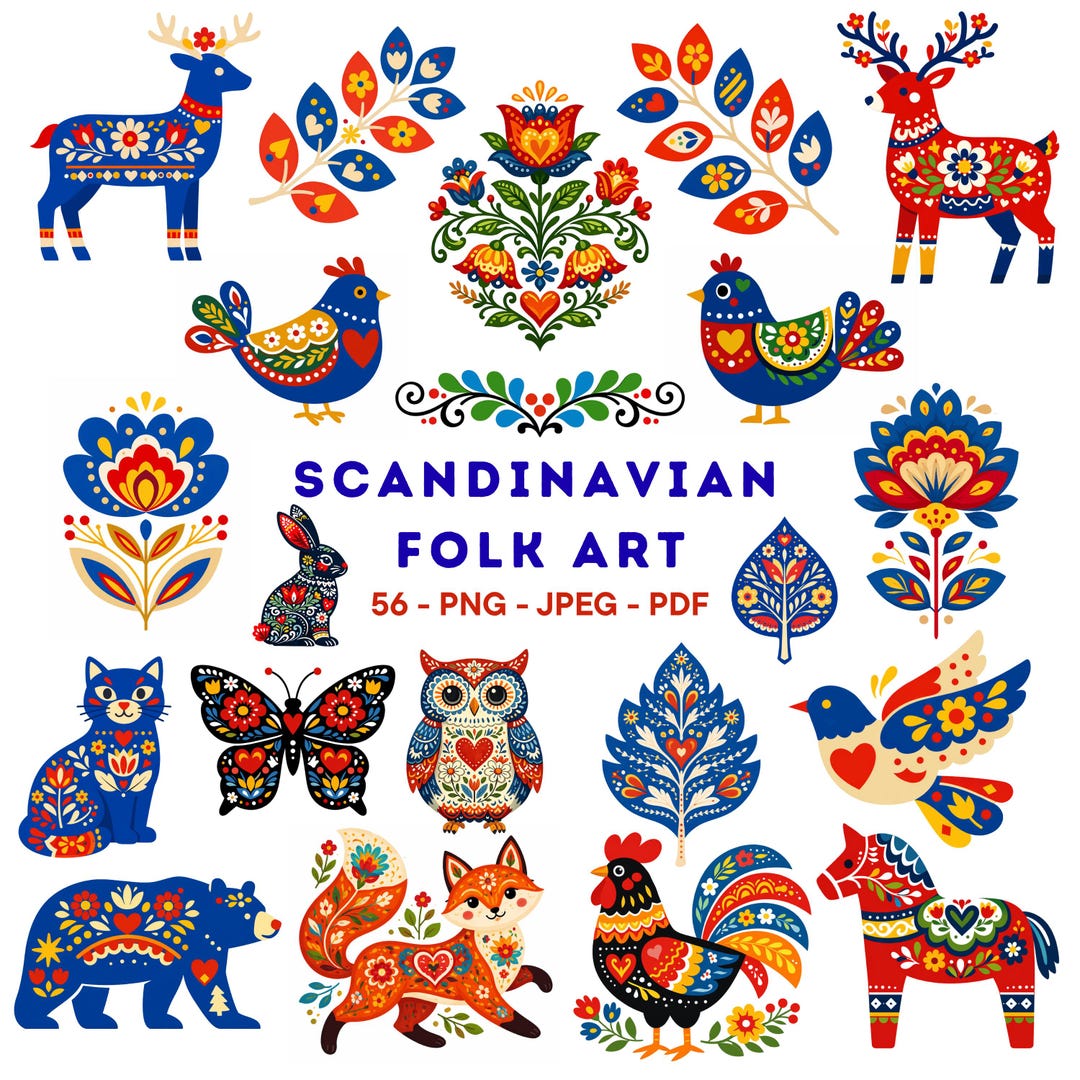 Nordic Folk Art Clipart Bundle, Scandinavian Floral Animals (PNG, PDF ...