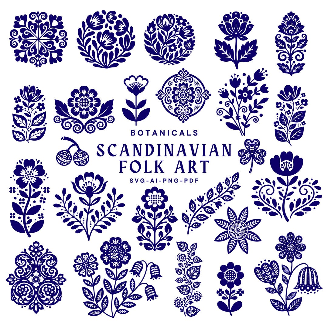 Scandinavian Folk Art SVG, Nordic Botanical Designs Bundle (digital ...