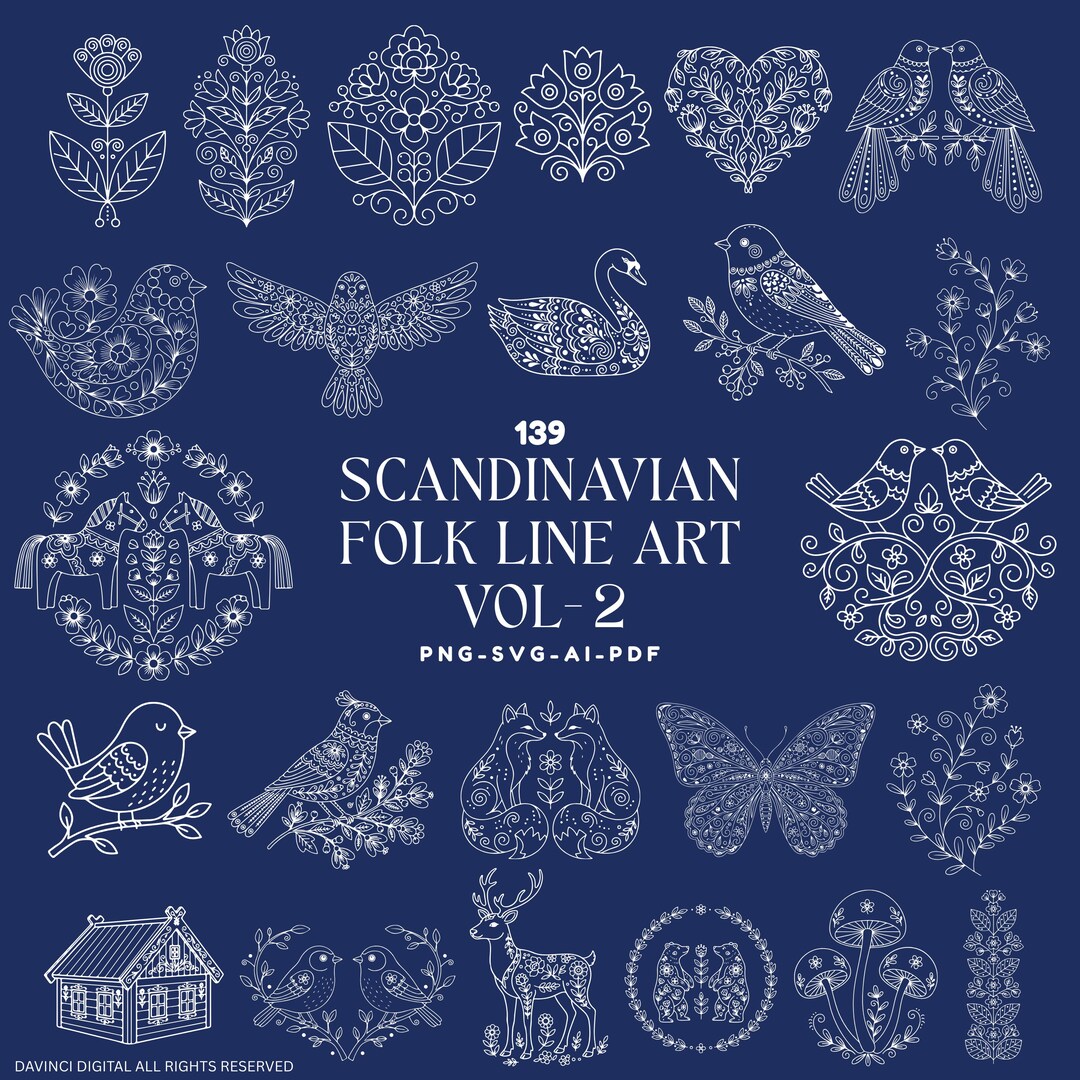 Scandinavian Folk Art SVG, Nordic Flowers and Animals, Tracing Sketches ...