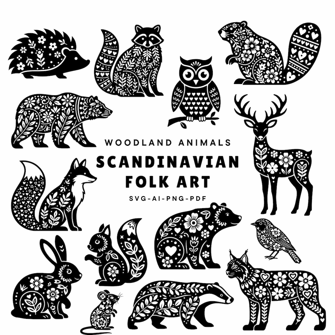 Scandinavian Folk Art Woodland Animals SVG Bundle, Nordic Floral ...
