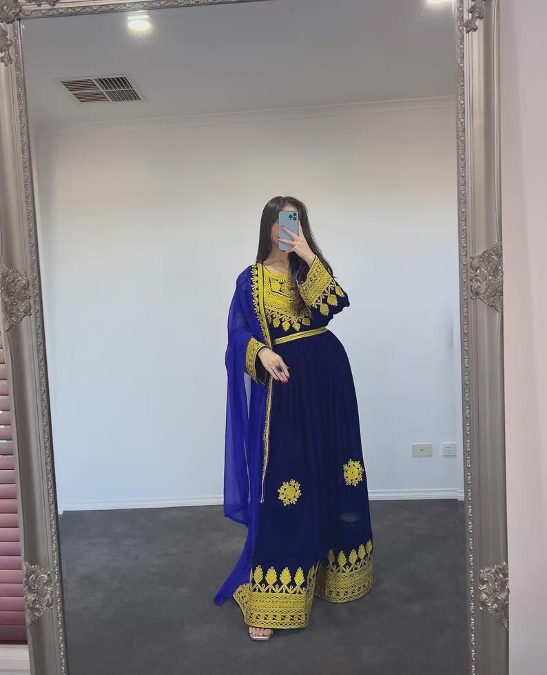 Royal Blue Afghan Dress: Handmade Embroidered Pashtun Gown - Etsy
