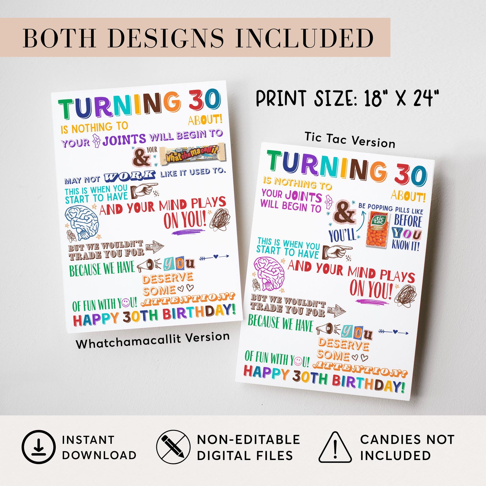 30th Birthday Candy Poster Printable, Turning 30 Candy Gram Card DIY ...